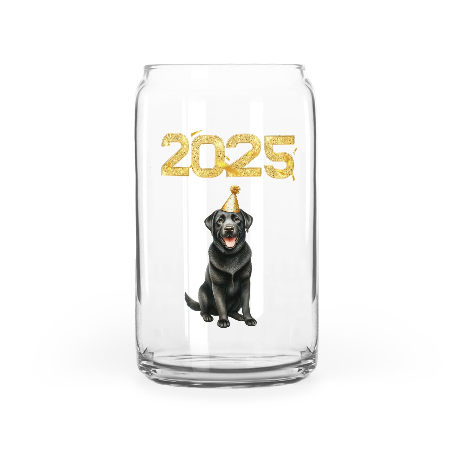 Happy New Year Labrador Retriever Welcome 2025 Balloon Firework Party 16oz Glass Cup Mug Lab Dog ...