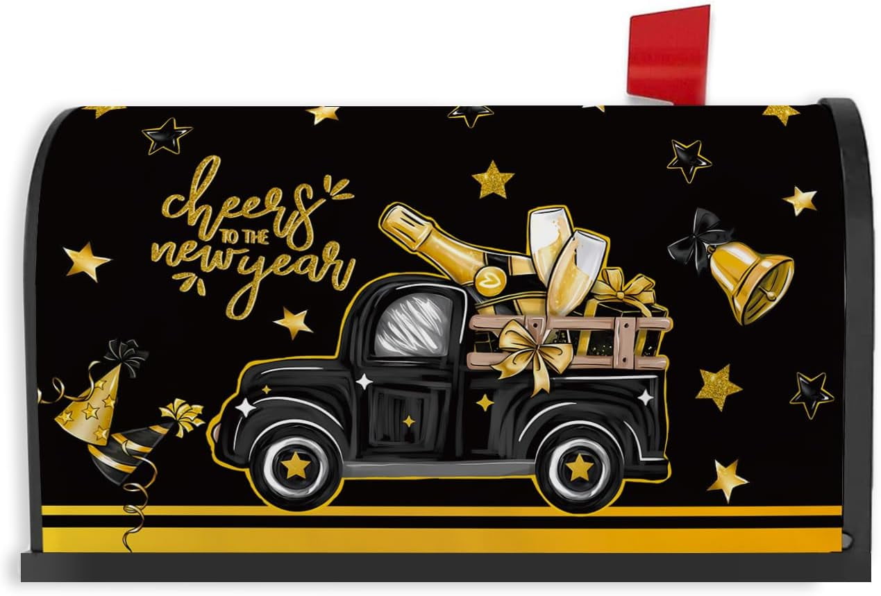 Happy New Year Mailbox Cover 2025 Black Gold Glitter New Years Eve ...