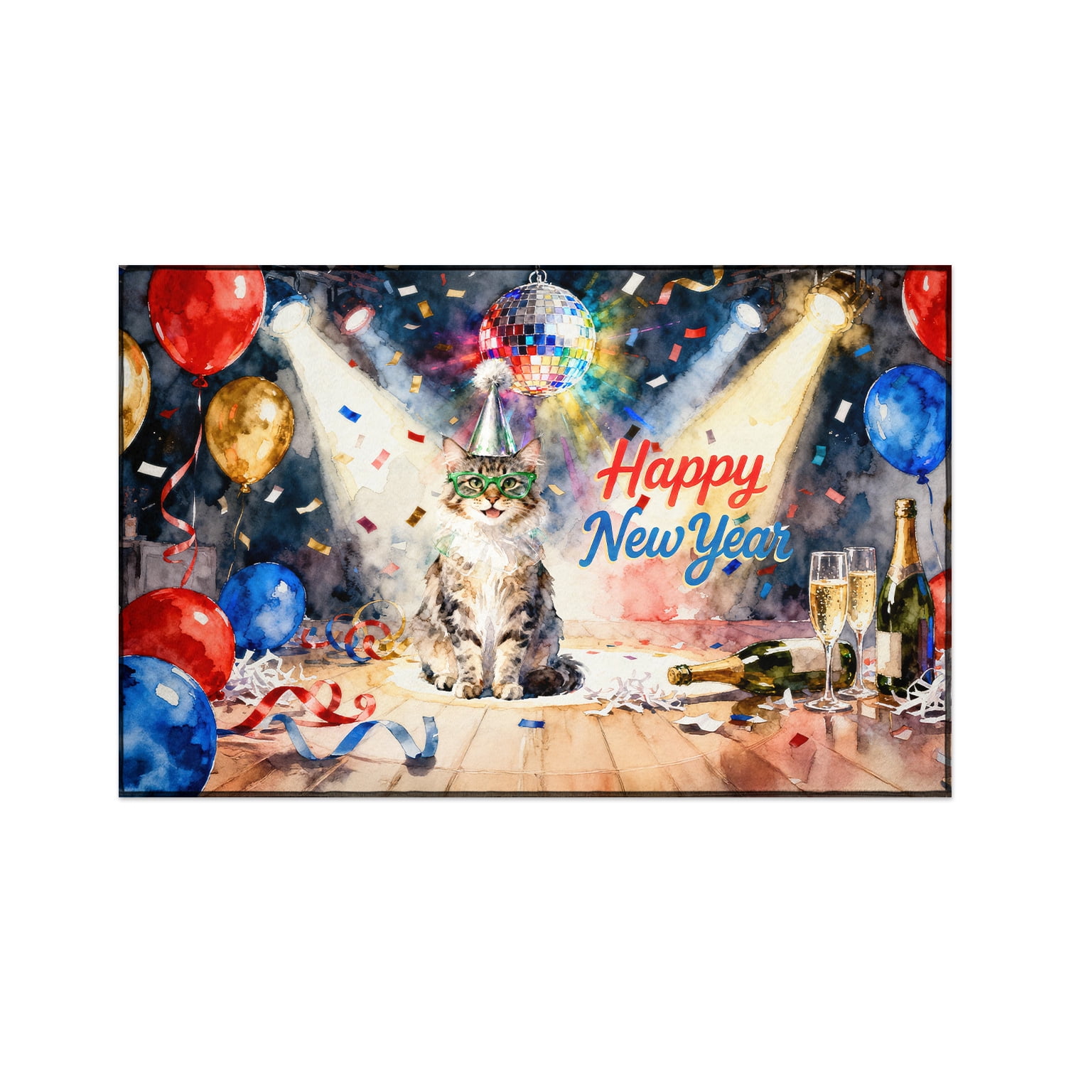 Happy New Year Maine Coon Chills on Year-End Party Indoor Rug Cat Lover ...
