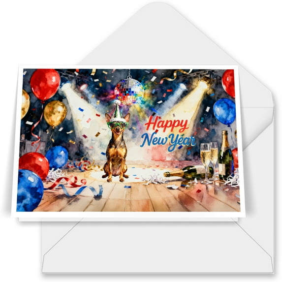 Happy New Year Miniature Pinscher Chills on Year-End Party 7x5in Folded ...