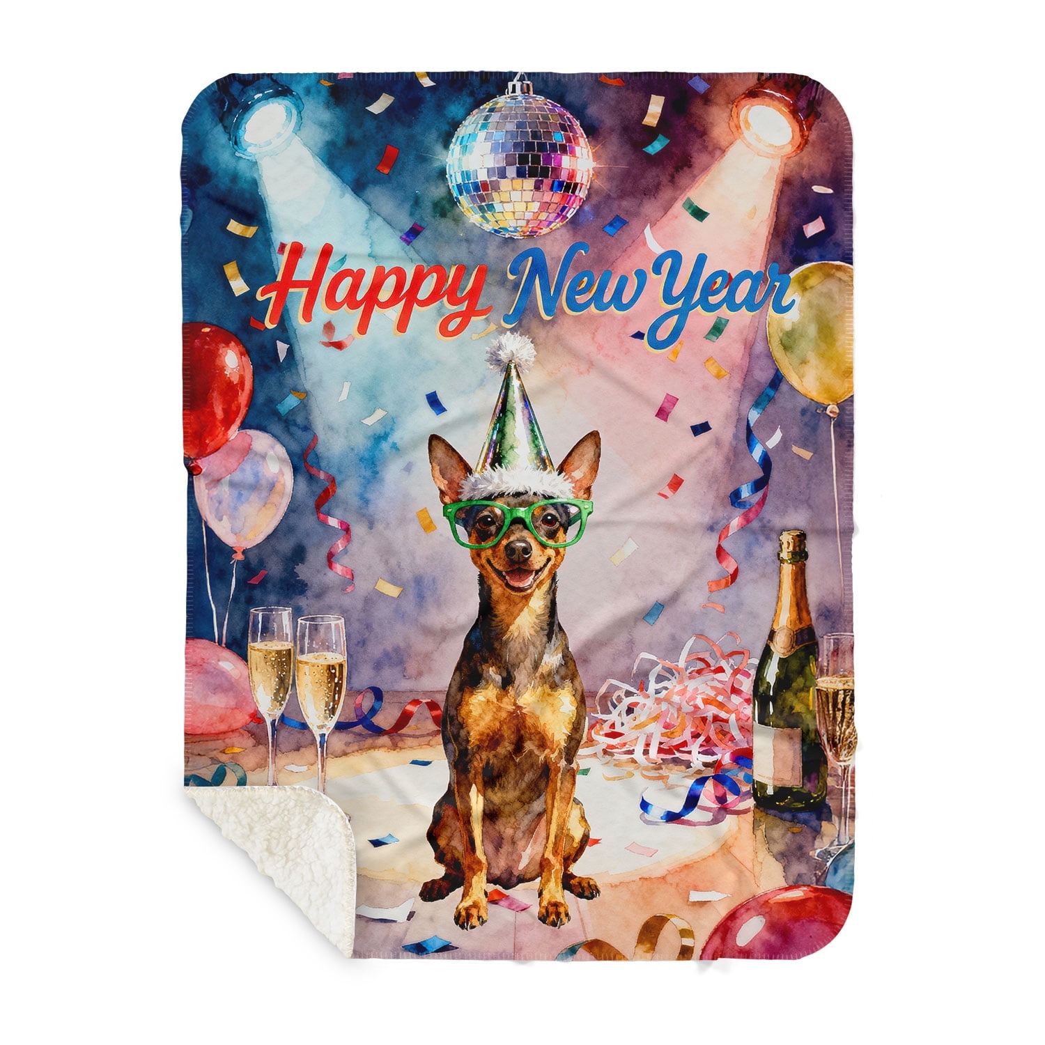Happy New Year Miniature Pinscher Chills on Year-End Party Cozy Sherpa ...