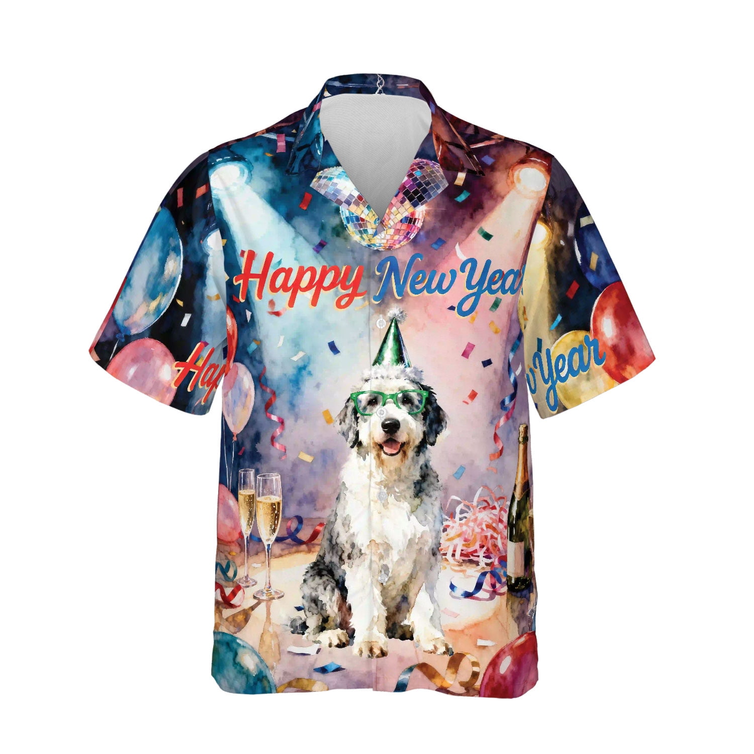 Happy New Year Old English Sheepdog Chills on Year-End Party Hawaiian ...