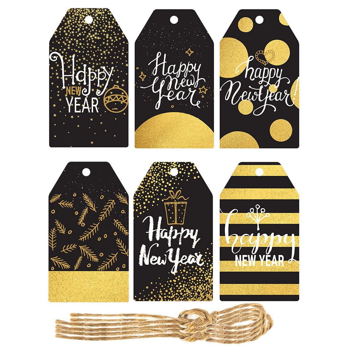 Happy New Year Paper Gift Tags, Black and Gold New Year Name Tags Label ...