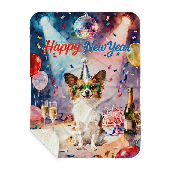Happy New Year Papillon Chills on Year-End Party Cozy Sherpa Blanket ...