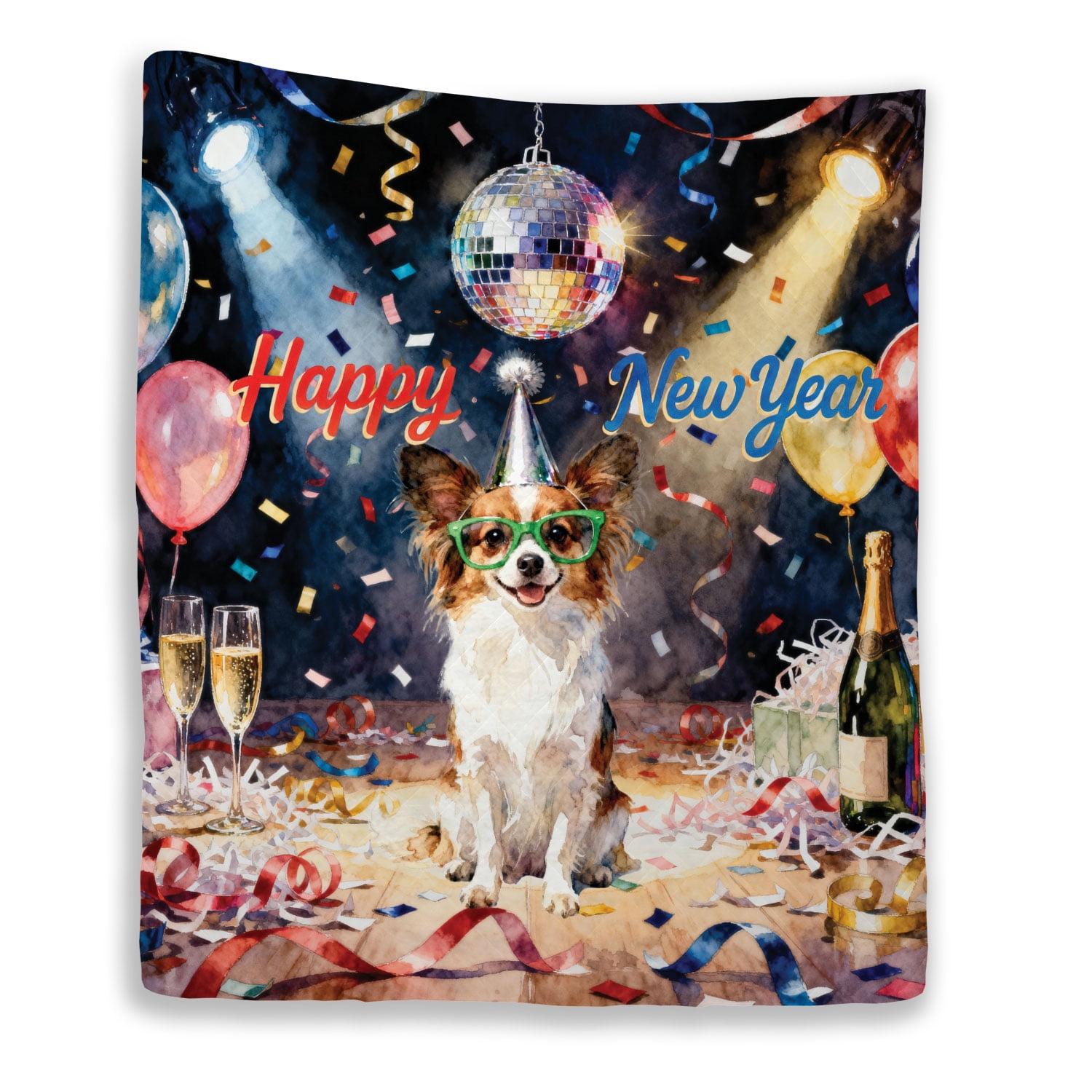 Happy New Year Papillon Chills on Year-End Party Quilt Blanket Pap ...