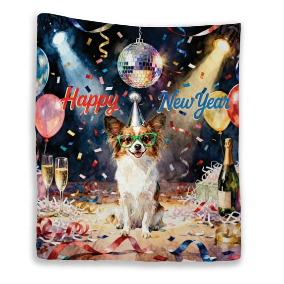Happy New Year Papillon Chills on Year-End Party Quilt Blanket Pap ...