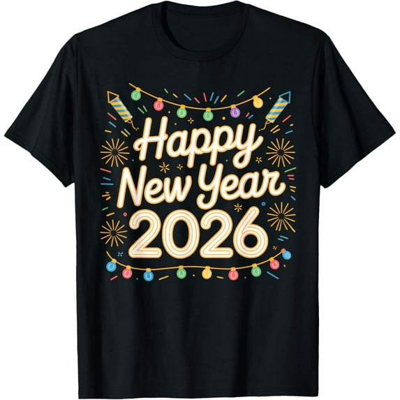 Happy New Year Party 2026 Retro Firework Christmas Light T-Shirt ...