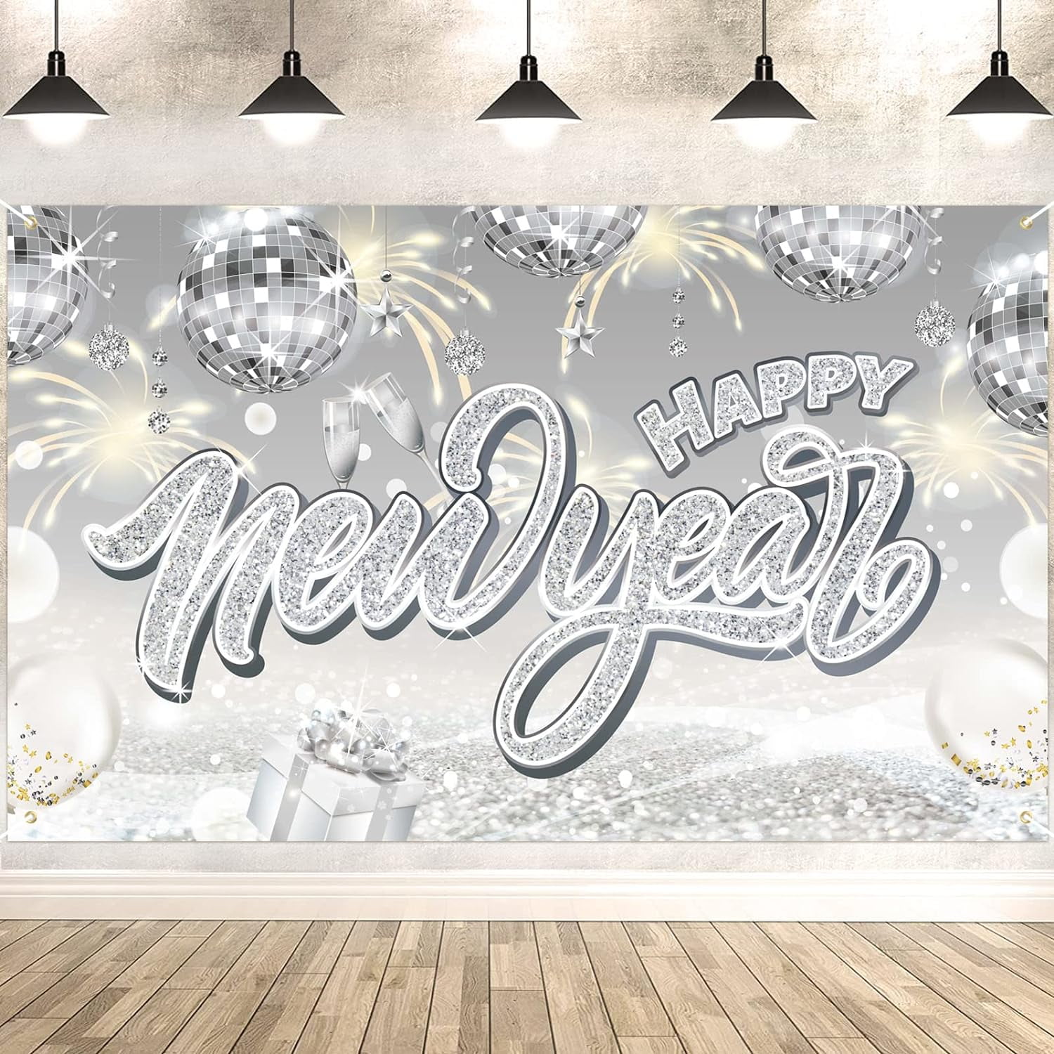 Happy New Year Party Decoration Banner, Silver Glitter Backdrop Banner ...