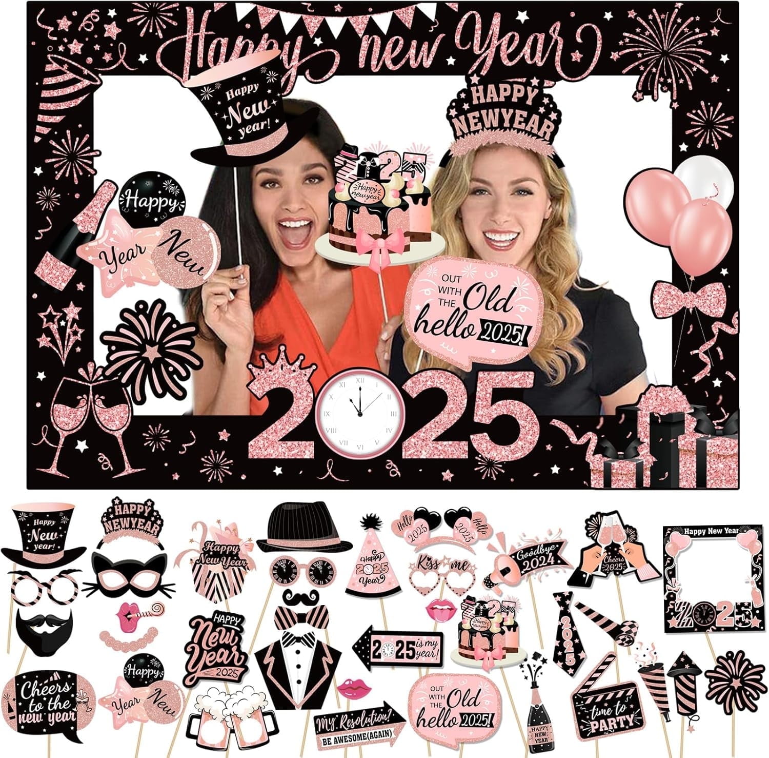 Happy New Year Photo Booth Props Kit with Large 2025 New Year Photo ...