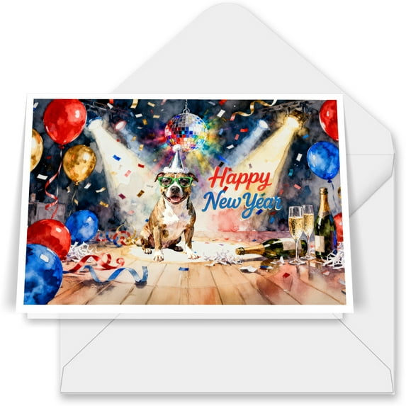 Happy New Year Pitbull Chills on Year-End Party 7x5in Folded Greeting ...