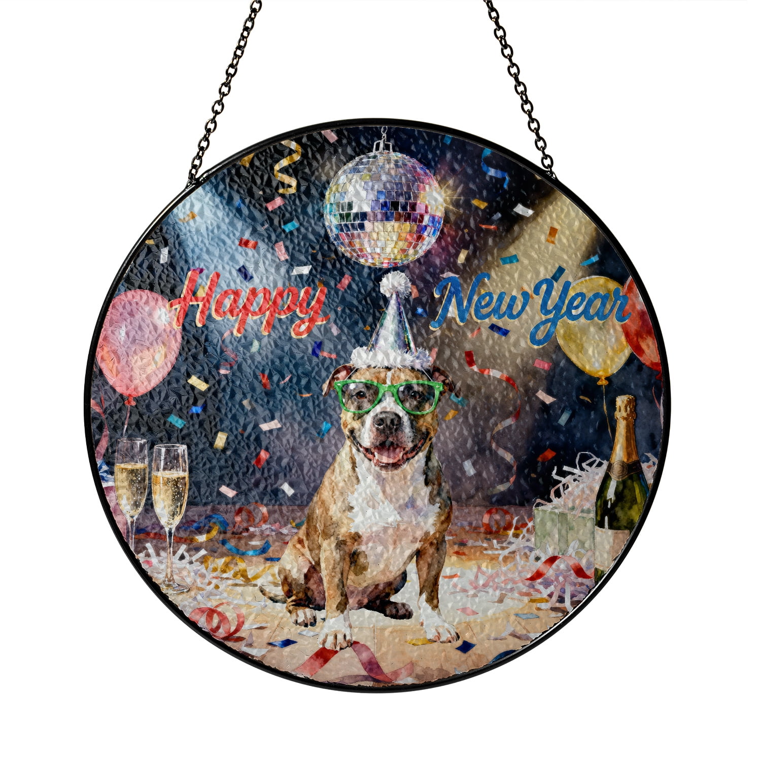 Happy New Year Pitbull Chills on Year-End Party Stained Glass ...