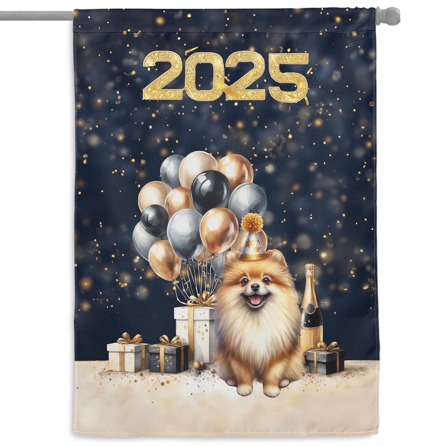 Happy New Year Pomeranian Welcome 2025 Balloon Firework Party House Flag 28x40in Double Sided ...