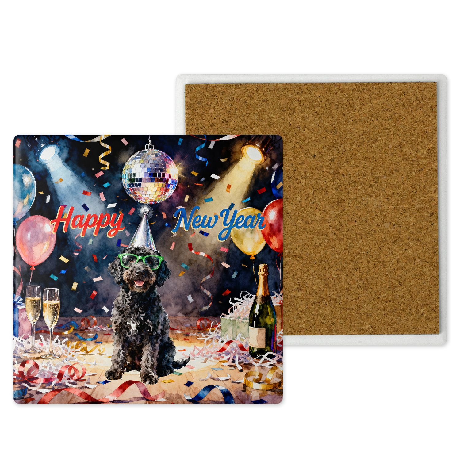 Happy New Year Portuguese Water Dog Chills on Year-End Party Set of 4 ...
