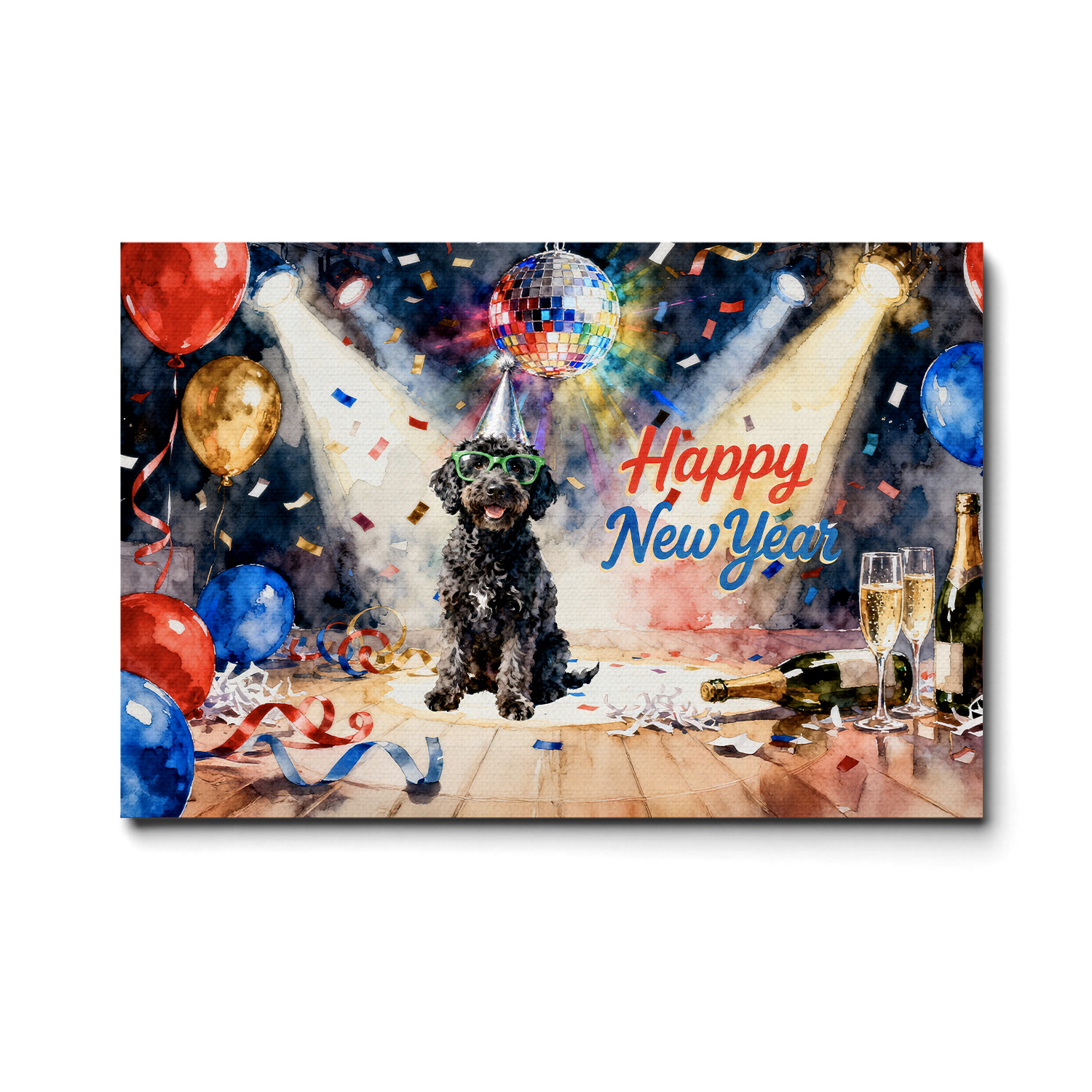 Happy New Year Portuguese Water Dog Chills on Year-End Party Horizontal ...