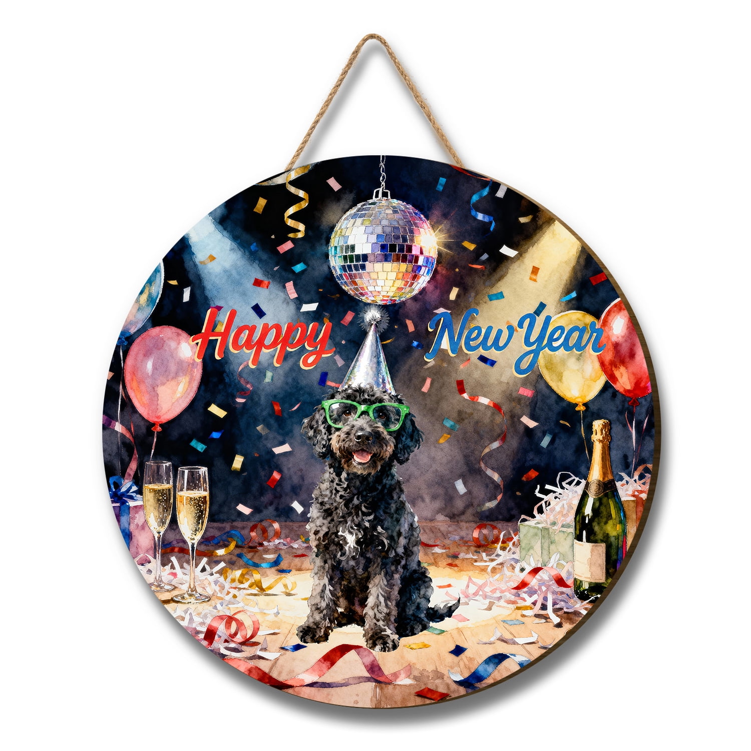 Happy New Year Portuguese Water Dog Chills on Year-End Party Round Wood ...