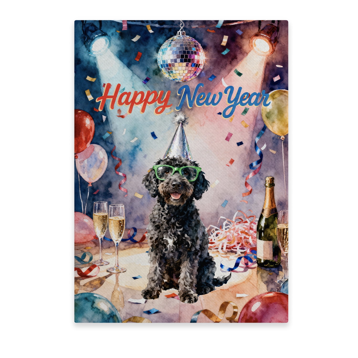 Happy New Year Portuguese Water Dog Chills on Year-End Party Vertical ...