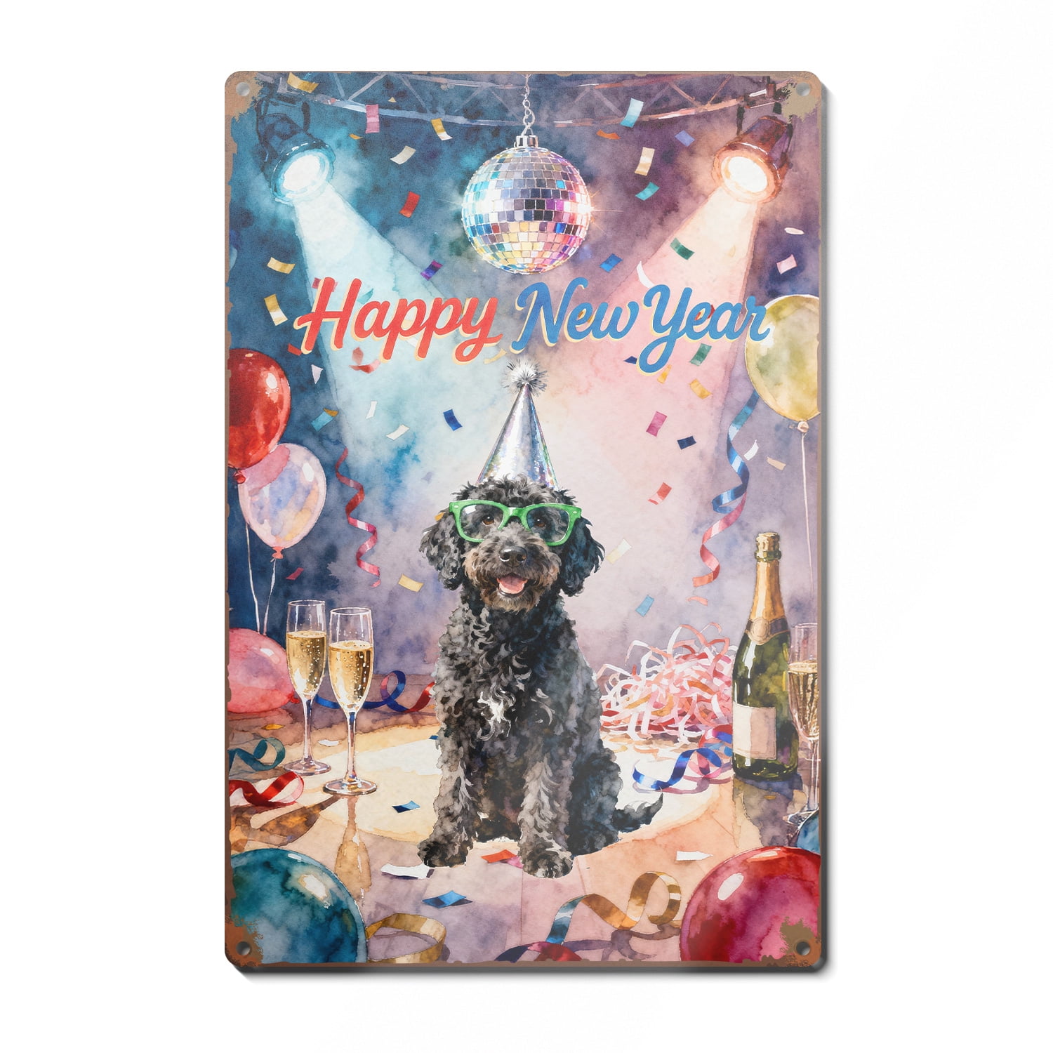 Happy New Year Portuguese Water Dog Chills on Year-End Party Vertical ...