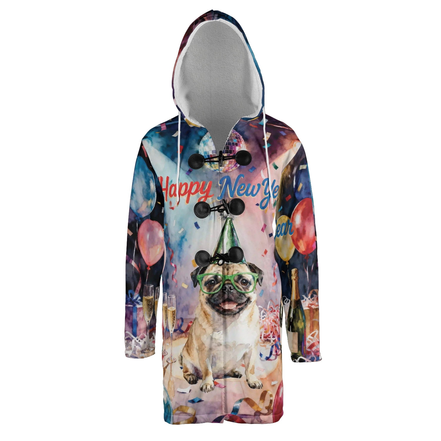 Happy New Year Pug Chills on Year-End Party All Over Print 3D Hooded ...