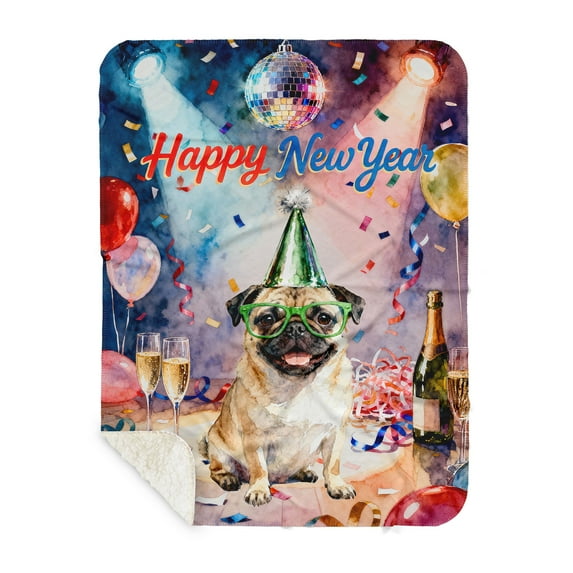 Happy New Year Pug Chills on Year-End Party Cozy Sherpa Blanket Dog ...