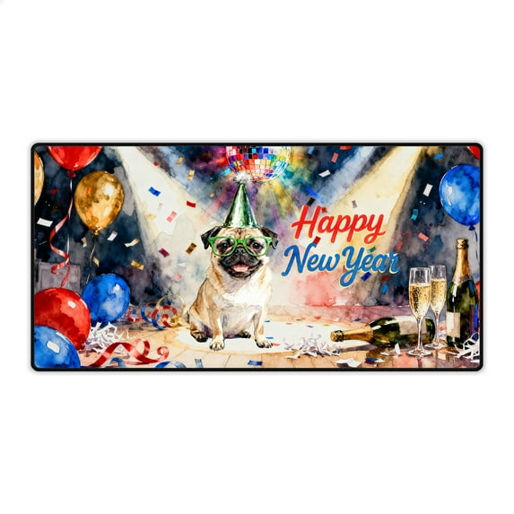 Happy New Year Pug Chills on Year-End Party Desk Mat Full Keyboard ...