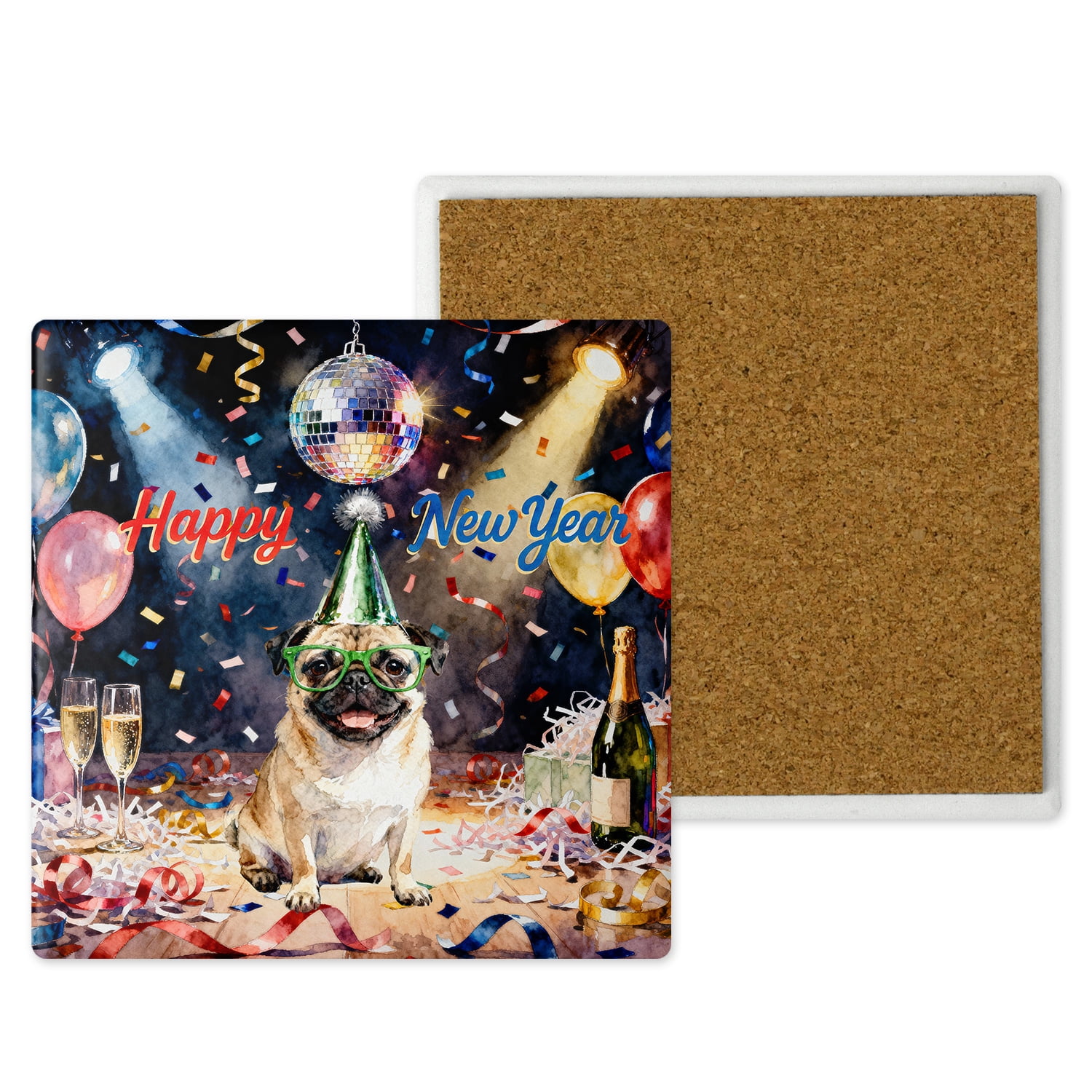 Happy New Year Pug Chills on Year-End Party Set of 4 Stone Coasters Dog ...