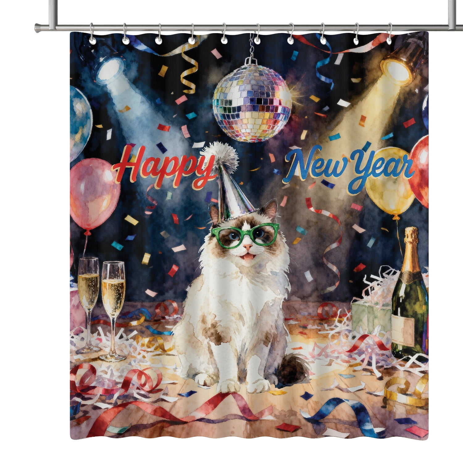 Happy New Year Ragdoll Chills on Year-End Party Shower Curtain Cat ...