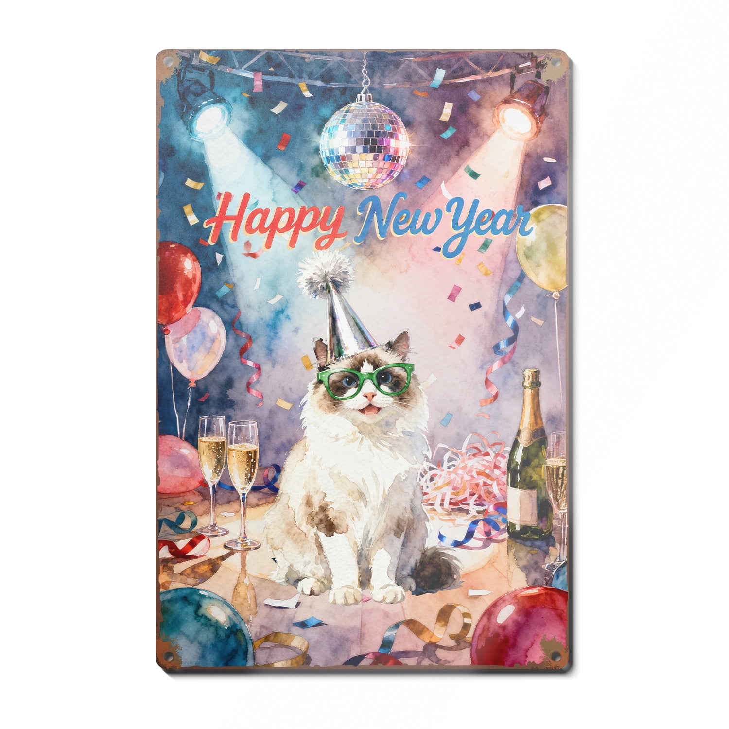 Happy New Year Ragdoll Chills on Year-End Party Vertical Metal Aluminum ...