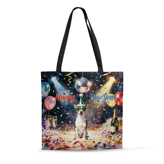 Happy New Year Rat Terrier Chills on Year-End Party All Over Print 3D Canvas Tote Bag Ratty Dog ...