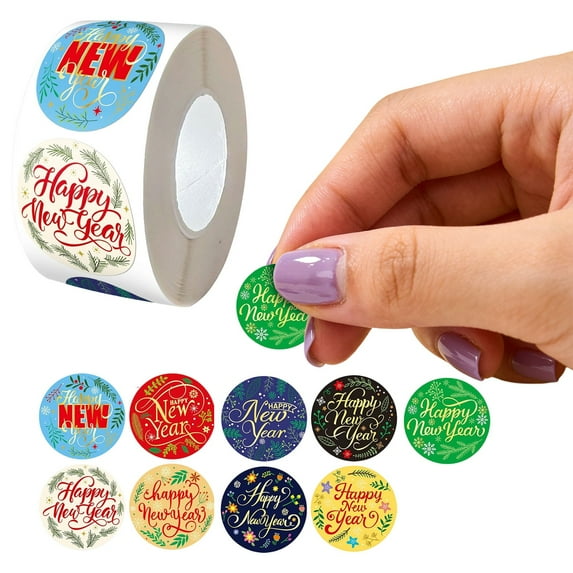 Happy New Year Round Stickers Roll, 500Pcs Decorative Self-Adhesive Circle Stickers for Gifts ...