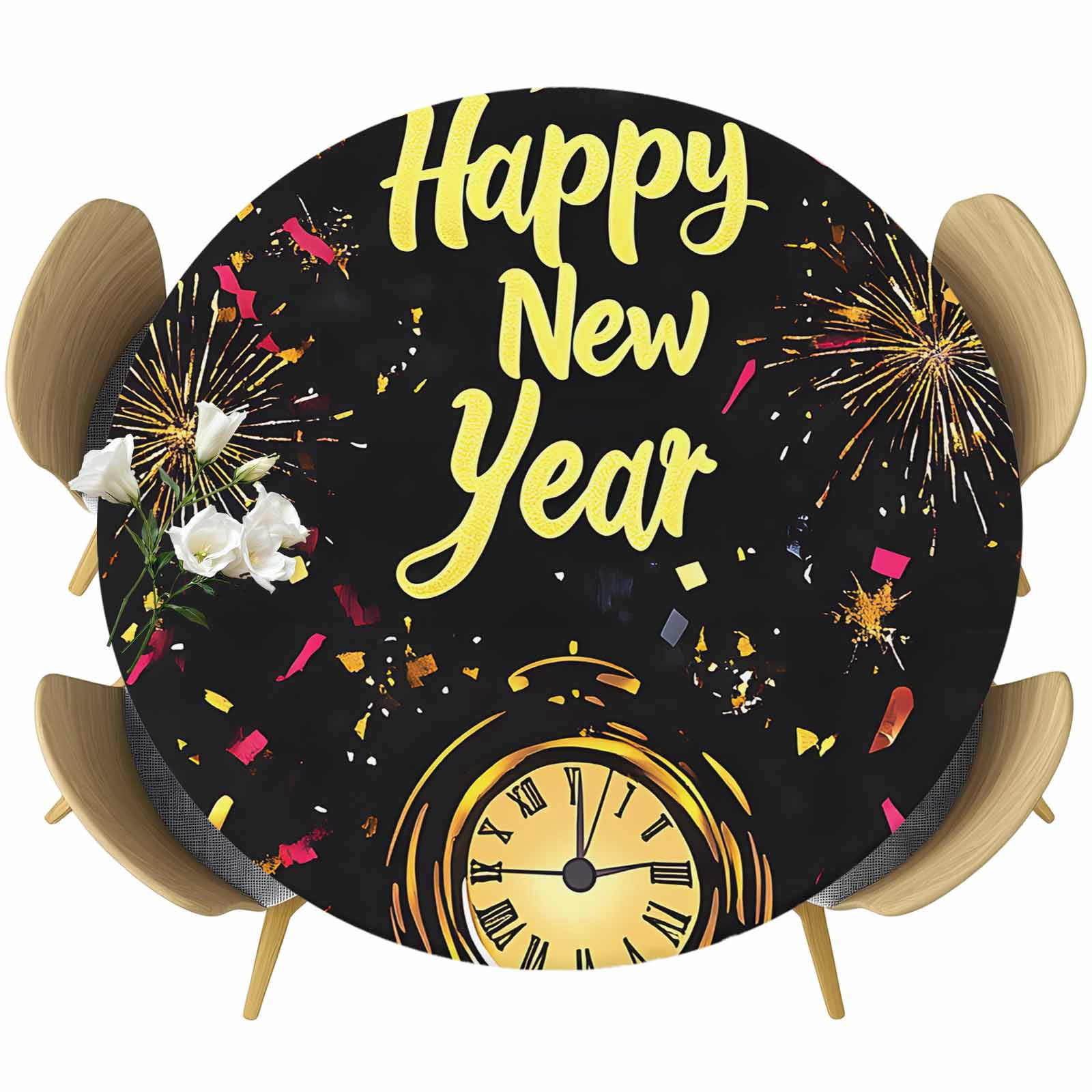 Happy New Year Round Tablecloth 55-60 Inch Round Fitted Table Cloth ...