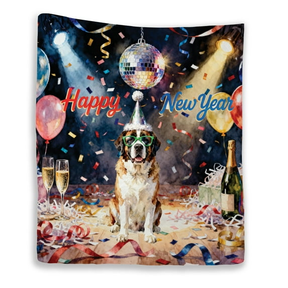 Happy New Year Saint Bernard Chills on Year-End Party Quilt Blanket St ...