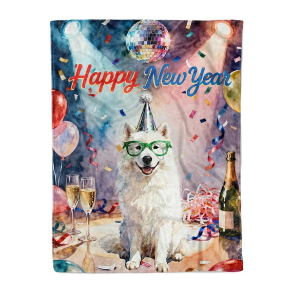 Happy New Year Samoyed Chills on Year-End Party Cozy Fleece Blanket ...