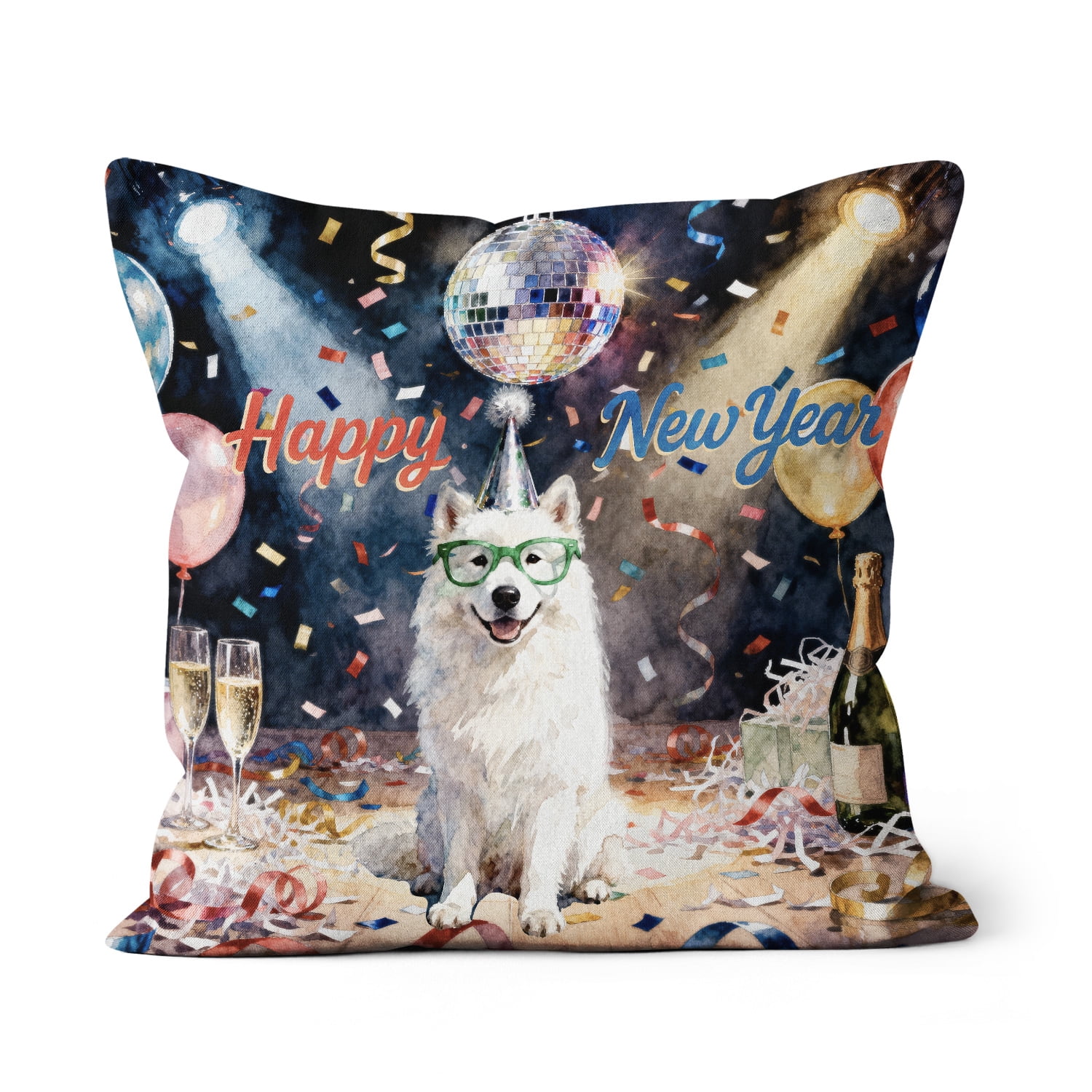 Happy New Year Samoyed Chills on Year-End Party Pillow Cushion Double ...