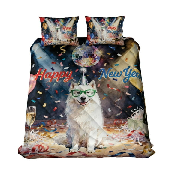 Happy New Year Samoyed Chills on Year-End Party Quilt Bedding Set ...