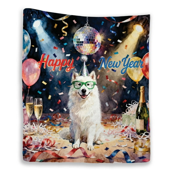 Happy New Year Samoyed Chills on Year-End Party Quilt Blanket Siberian ...