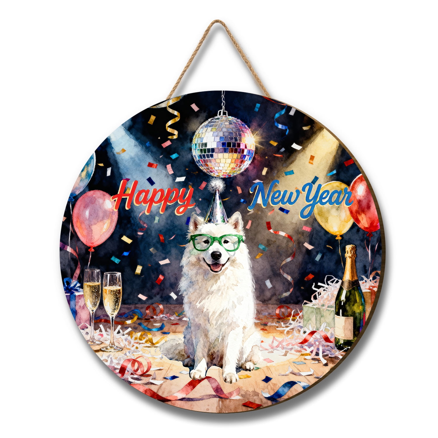 Happy New Year Samoyed Chills on Year-End Party Round Wood Sign ...
