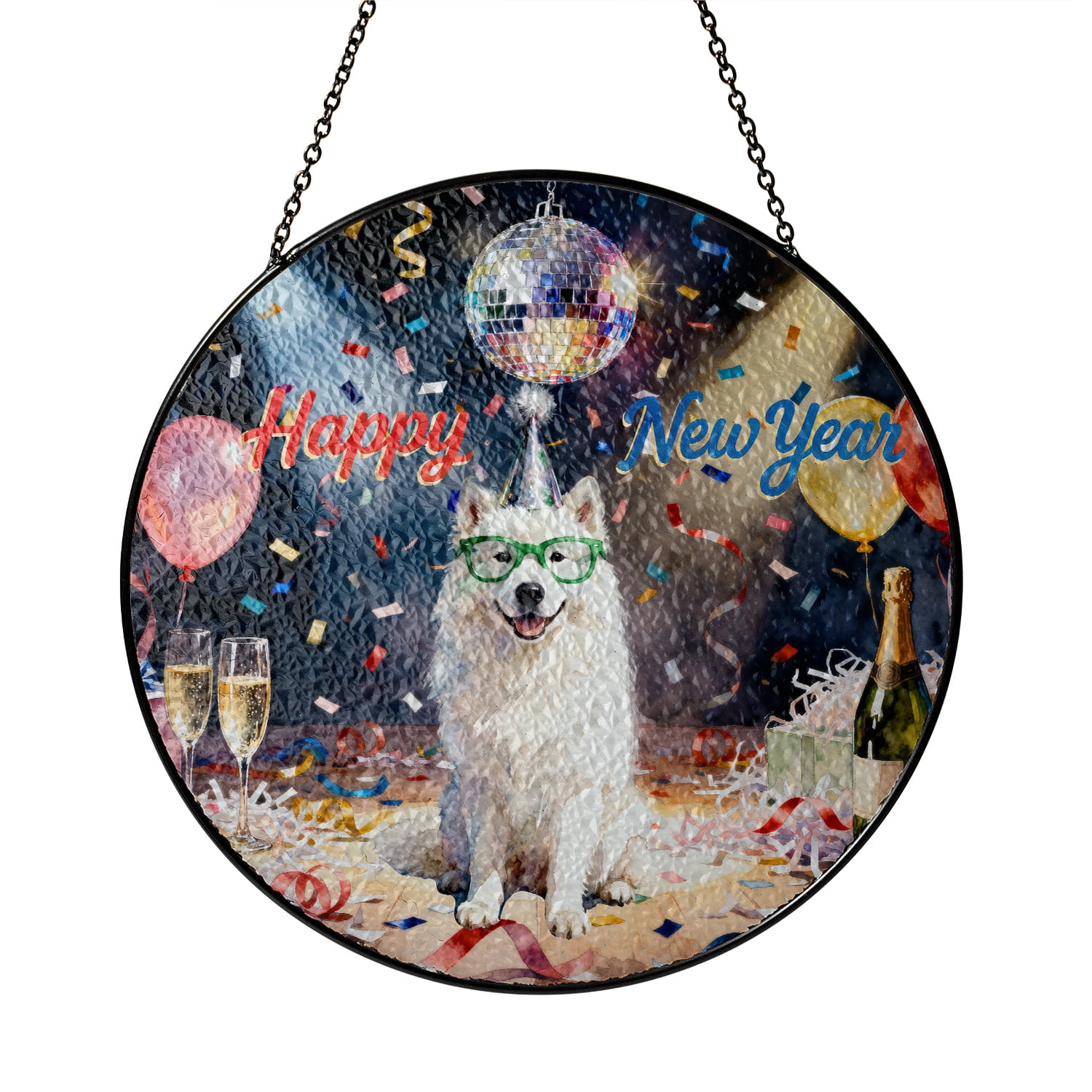 Happy New Year Samoyed Chills on Year-End Party Stained Glass ...