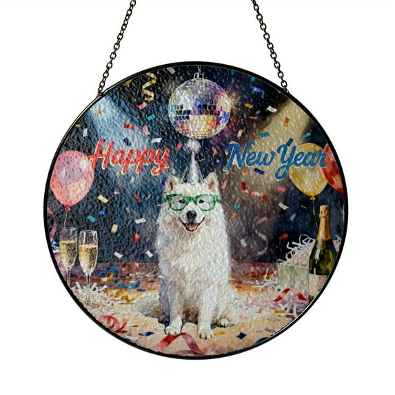 Happy New Year Samoyed Chills on Year-End Party Stained Glass ...
