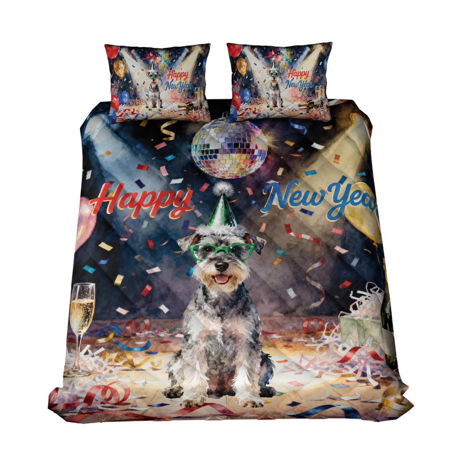 Happy New Year Schnauzer Chills on Year-End Party Quilt Bedding Set ...