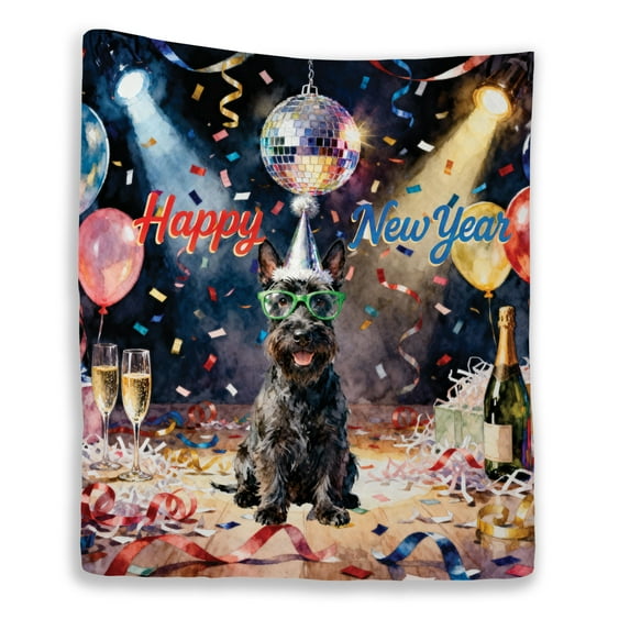 Happy New Year Scottish Terrier Chills on Year-End Party Quilt Blanket ...