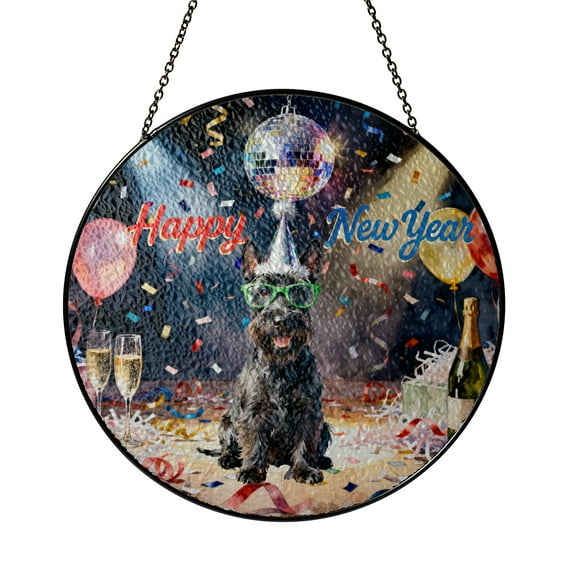 Happy New Year Scottish Terrier Chills on Year-End Party Stained Glass ...
