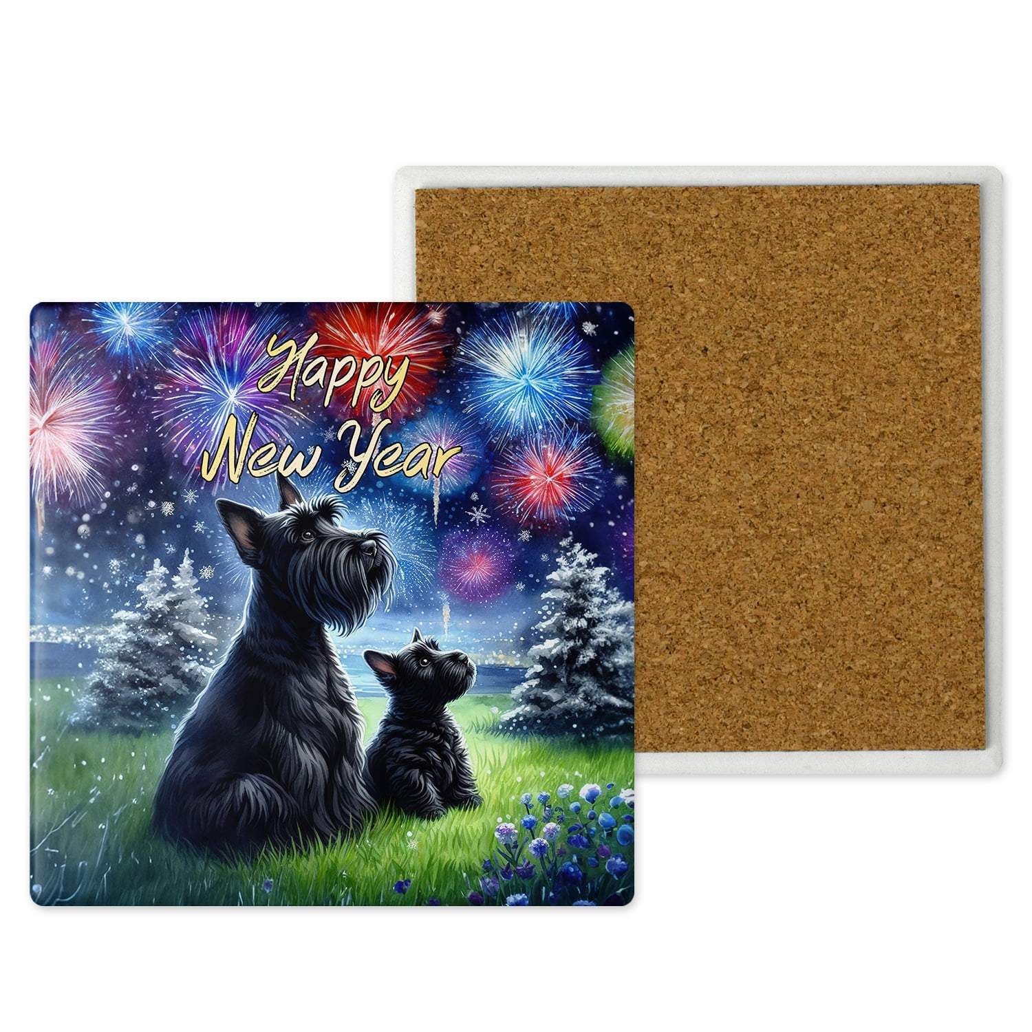 Happy New Year Scottish Terrier Family Cheer Winter Midnight Firework ...