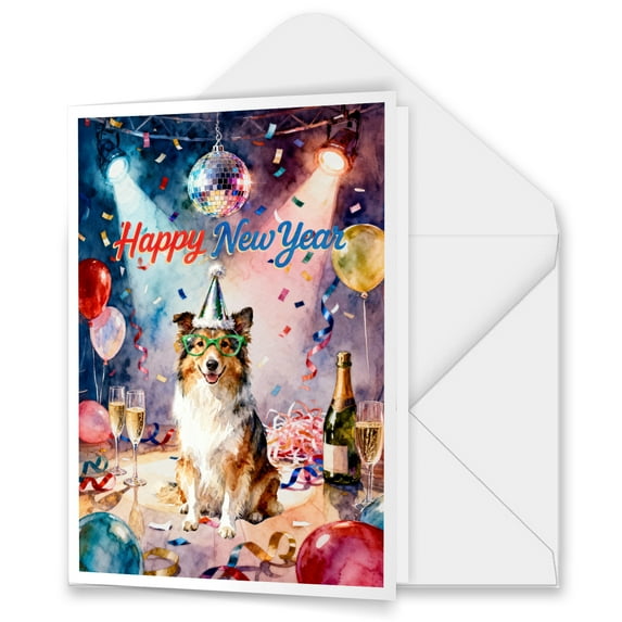Happy New Year Shetland Sheepdog Chills on Year-End Party 5x7in Folded ...