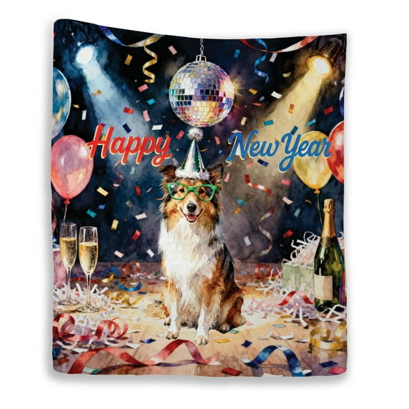 Happy New Year Shetland Sheepdog Chills on Year-End Party Quilt Blanket ...