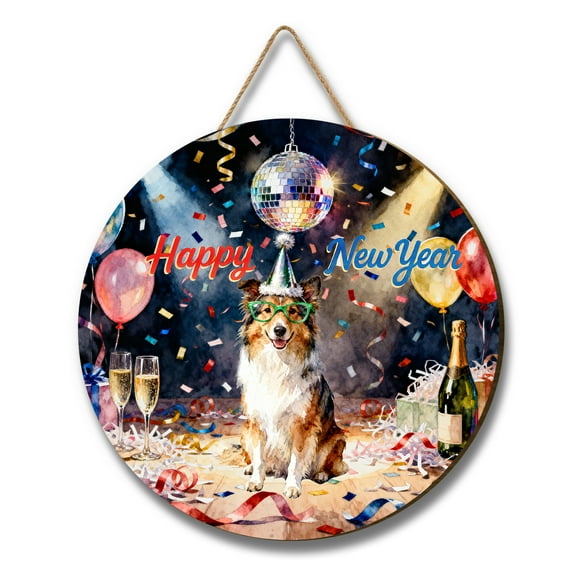 Happy New Year Shetland Sheepdog Chills on Year-End Party Round Wood ...