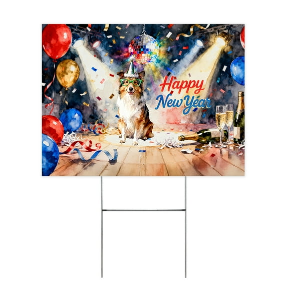 Happy New Year Shetland Sheepdog Chills on Year-End Party Yard Sign ...