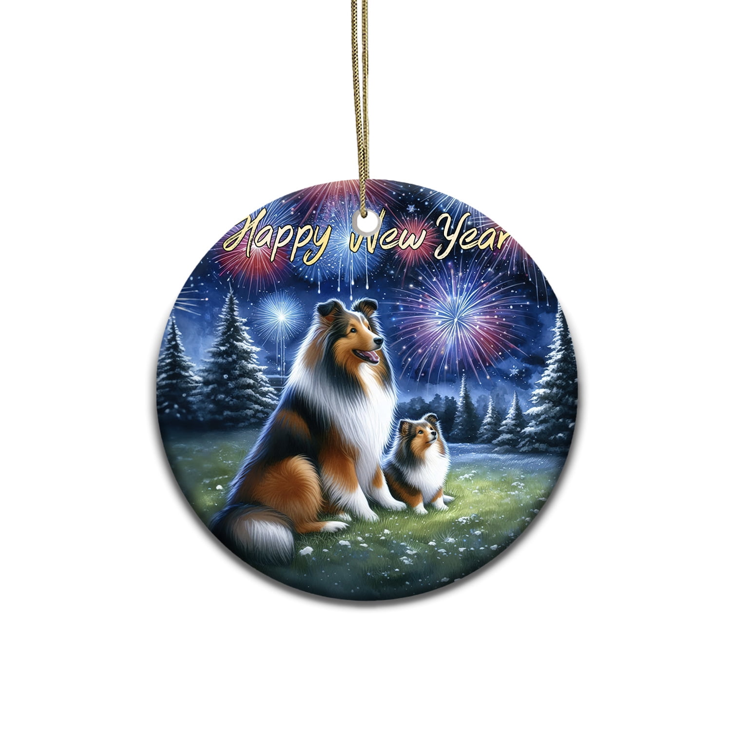 Happy New Year Shetland Sheepdog Family Cheer Winter Midnight Firework ...