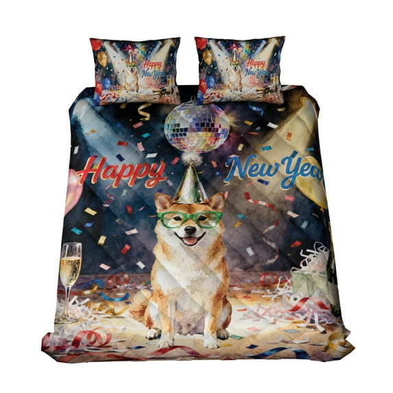 Happy New Year Shiba Inu Chills on Year-End Party Quilt Bedding Set ...