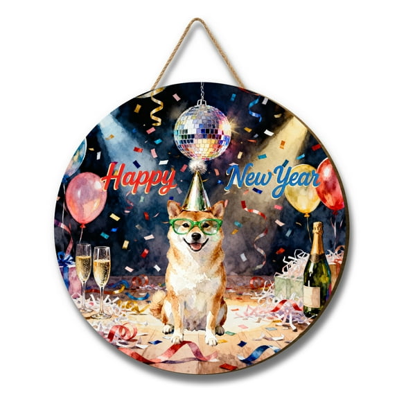 Happy New Year Shiba Inu Chills on Year-End Party Round Wood Sign ...