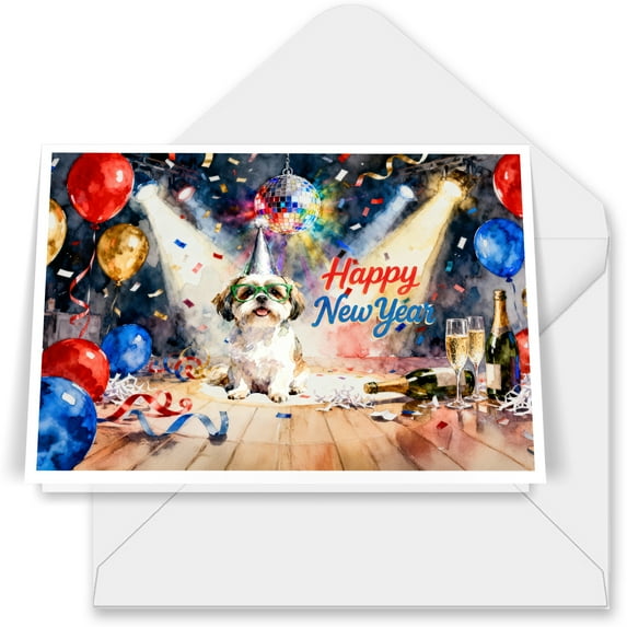 Happy New Year Shih Tzu Chills on Year-End Party 7x5in Folded Greeting Card Lion Dog Lover Gifts ...